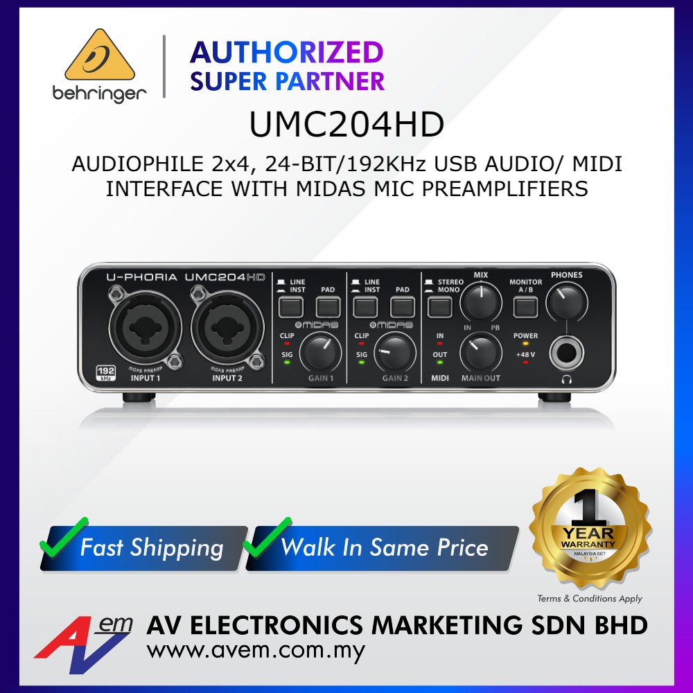 Behringer U-Phoria UMC204HD 2x4 USB 2.0 Audio Interface 24-bit/192kHz ...