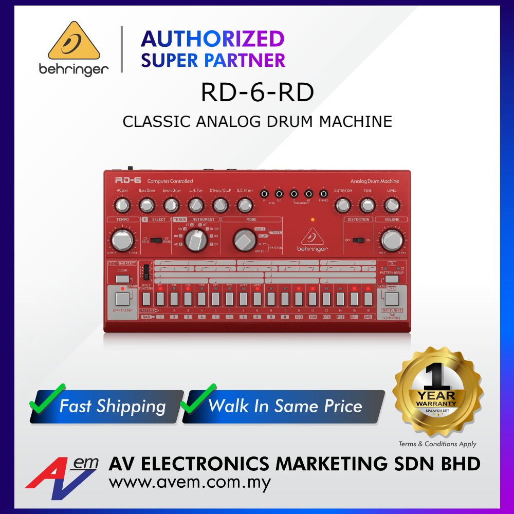 BEHRINGER RD-6-RD Classic Analog Drum Machine with 8 Drum Sounds, 16 ...