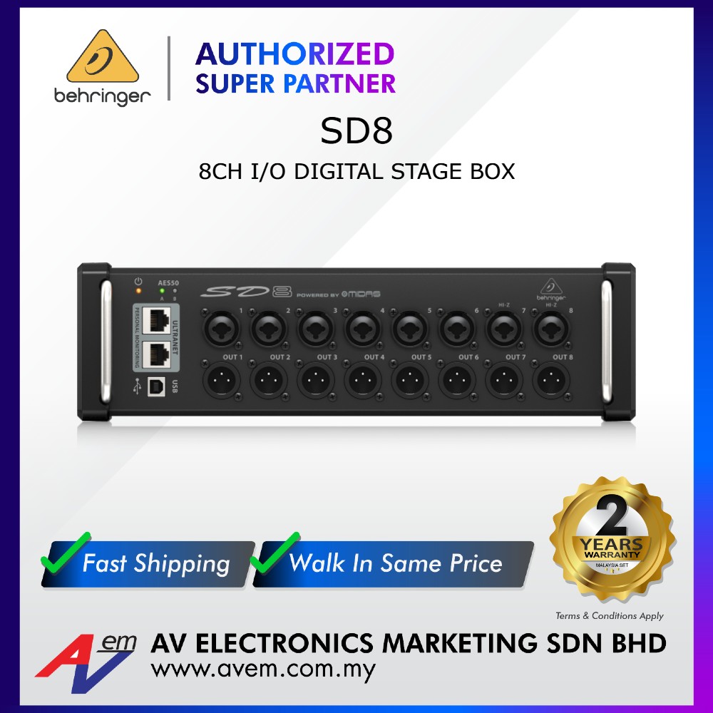 BEHRINGER SD8 I/O Stage Box with 8 Remote-Controllable Midas Preamps, 8 ...